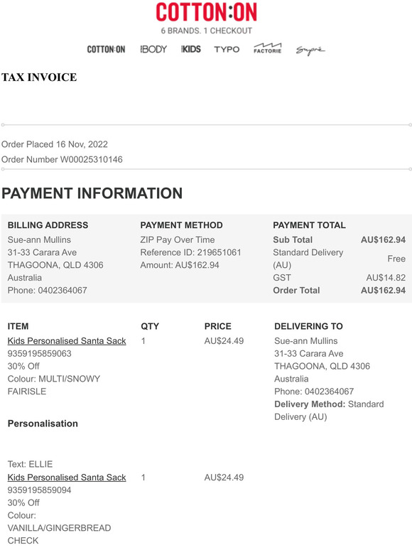 Cotton On: Tax Invoice - Order W00025310146 | Milled