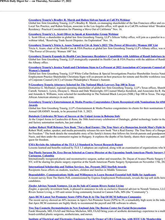 PRWeb: PRWeb Daily Digest for — — on Thursday, November 17, 2022 | Milled