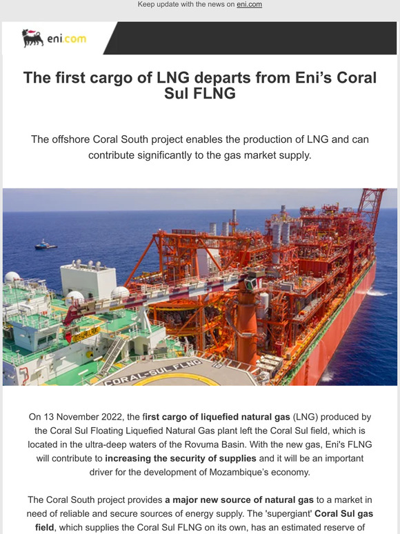 Eni: The first cargo of LNG from the Coral Sul FLNG plant has left ...