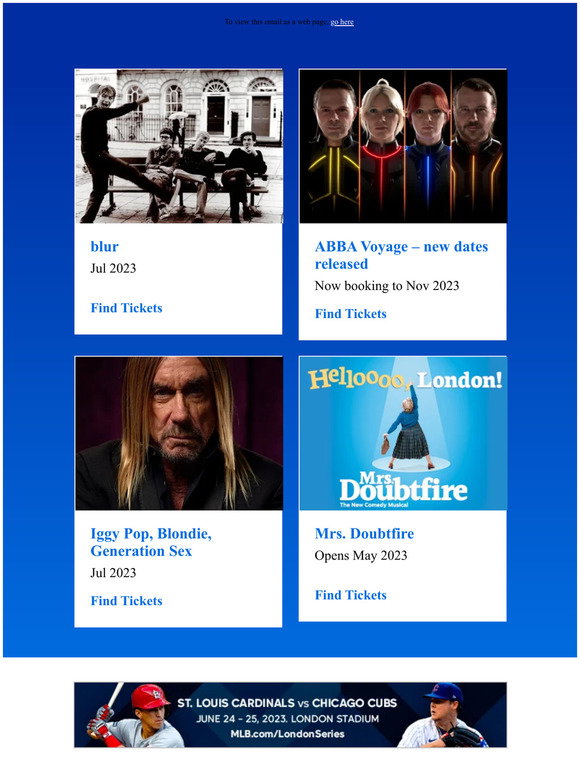 Ticketmaster: blur, ABBA Voyage, Iggy Pop, Mrs. Doubtfire plus much ...