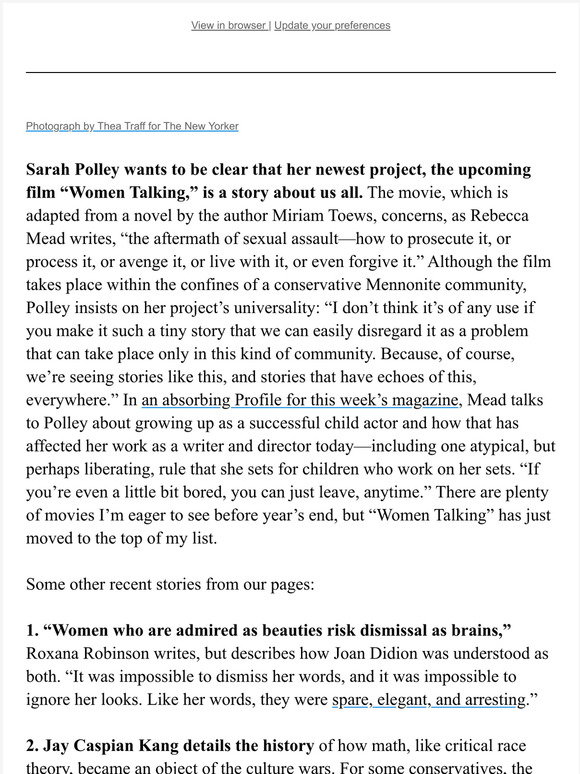 The New Yorker: Rebecca Mead Profiles Sarah Polley—Joan Didion’s ...