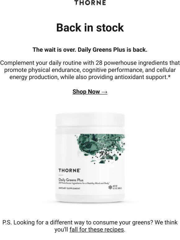 Thorne Research: Daily Greens Plus is back in stock! | Milled