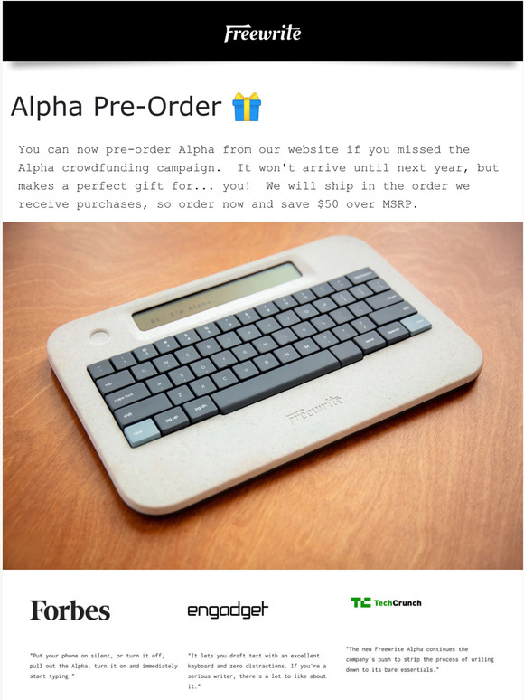 Freewrite: Alpha: Now Available To Pre-Order | Milled
