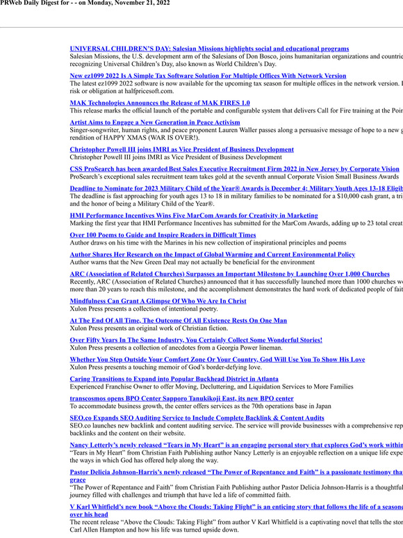 PRWeb: PRWeb Daily Digest for — — on Monday, November 21, 2022 | Milled