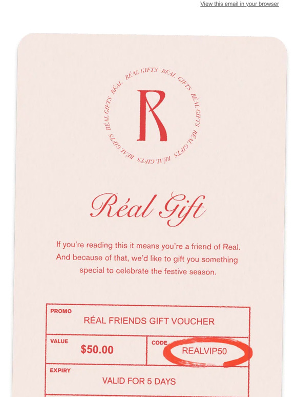 Réalisation: A VIP Gift For You | $50 Réal Gift Card | Milled