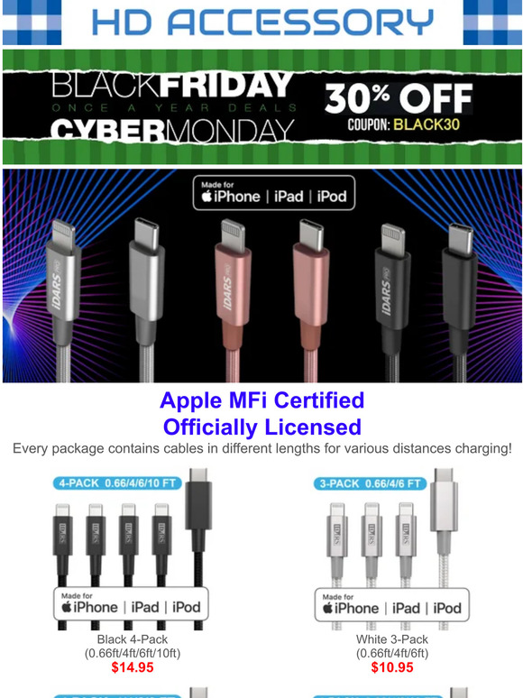 HD Accessory: Apple Certified Assorted Length Lightning Cable Bundles ...