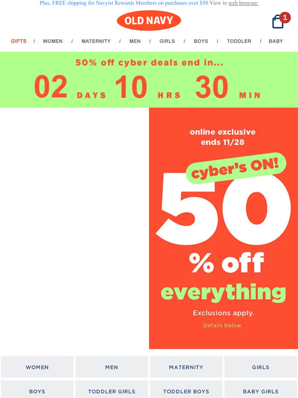 Old Navy: 50% OFF EVERYTHING. $12 JEANS. $2 COZY SOCKS. GO, GO, GO ...