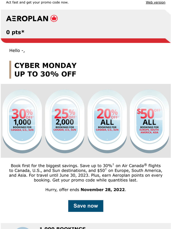 Air Canada: Today only, save up to 30% on base fares. Hurry! Limited ...