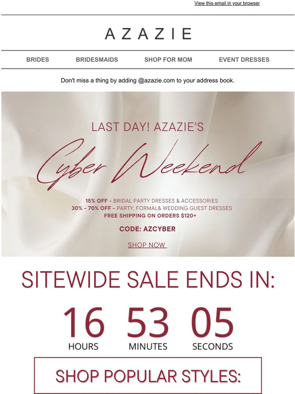 Azazie: ⏰ LAST DAY! Cyber Weekend is almost over! | Milled