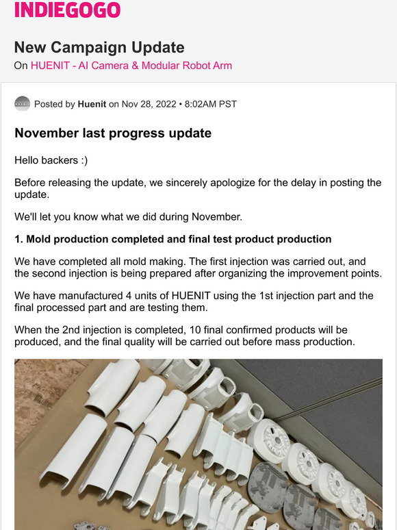 Indiegogo: 📢 Update #13 from HUENIT - AI Camera & Modular Robot Arm ...