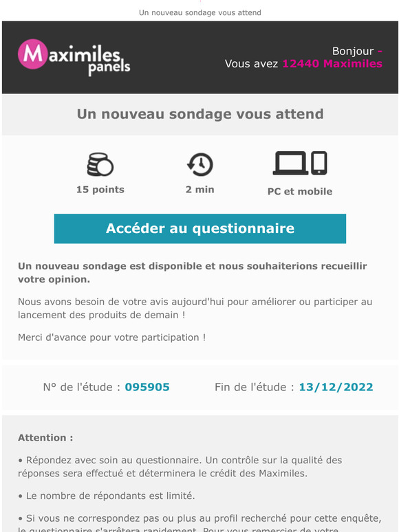 Maximiles: 15 points - Nouveau sondage disponible - Etude 095905 | Milled