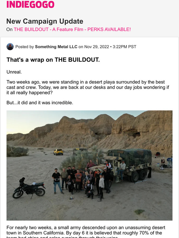 Indiegogo: 📢 Update #15 from THE BUILDOUT - A Feature Film - PERKS AVAILABLE! | Milled