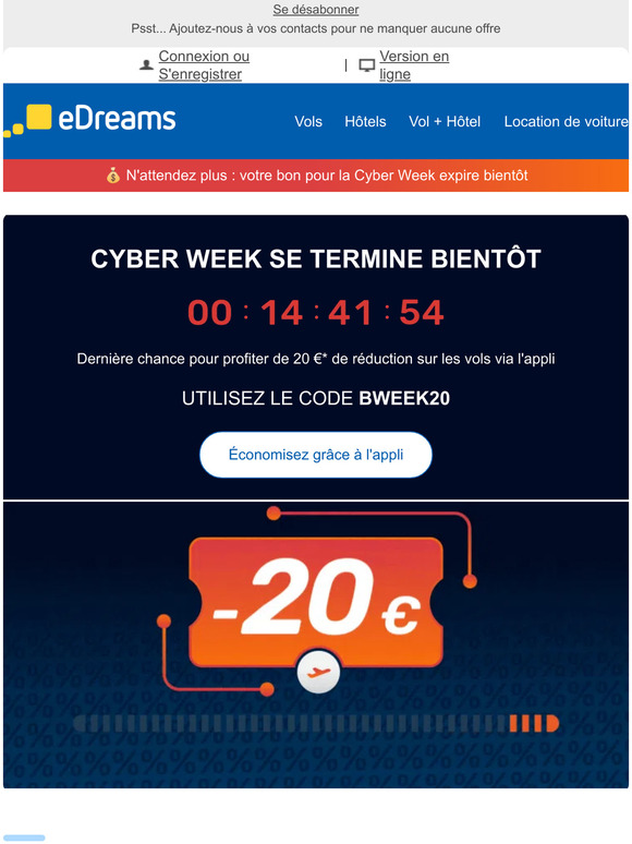 Edreams FR: 📣 Dernier rappel pour utiliser votre bon de 20 € | Milled