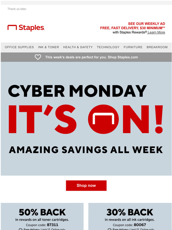 Staples: You've scored 50% back in rewards on toner and 30% back in ...