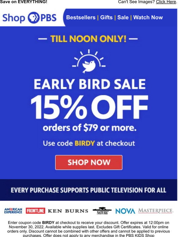 Shop.PBS.org: Early Bird Sale: Till Noon Only | Milled