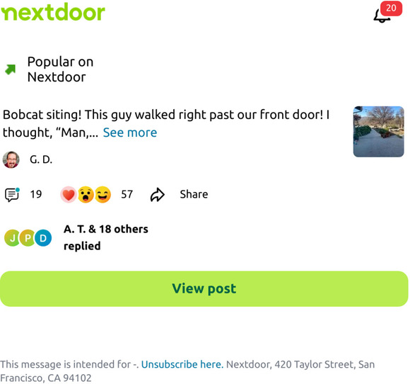 Nextdoor Local Business: Bobcat siting! | Milled