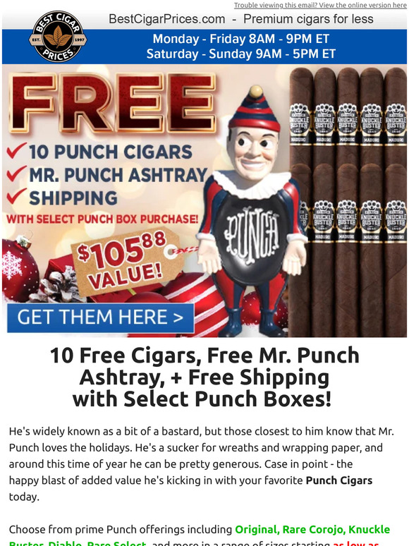 Best Cigar Prices: 10 Free Cigars, Free Mr. Punch Ashtray, + Free ...