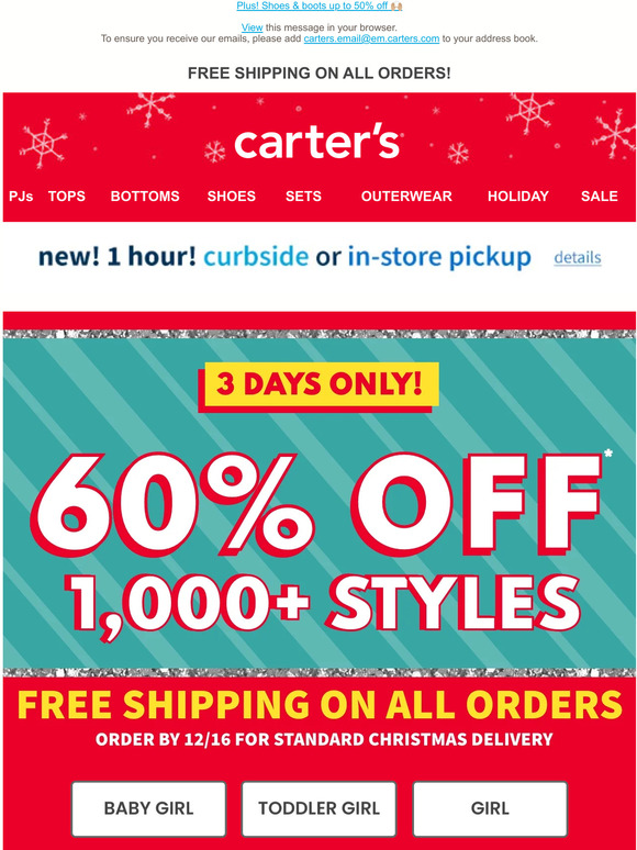 Carter's: 📩 INSIDE: 3 days of 60% off 1,000+ styles & FREE SHIPPING ...