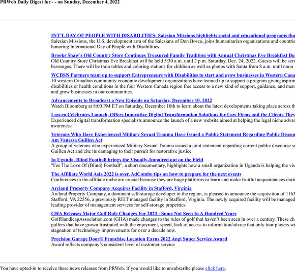 PRWeb: PRWeb Daily Digest for — — on Sunday, December 4, 2022 | Milled