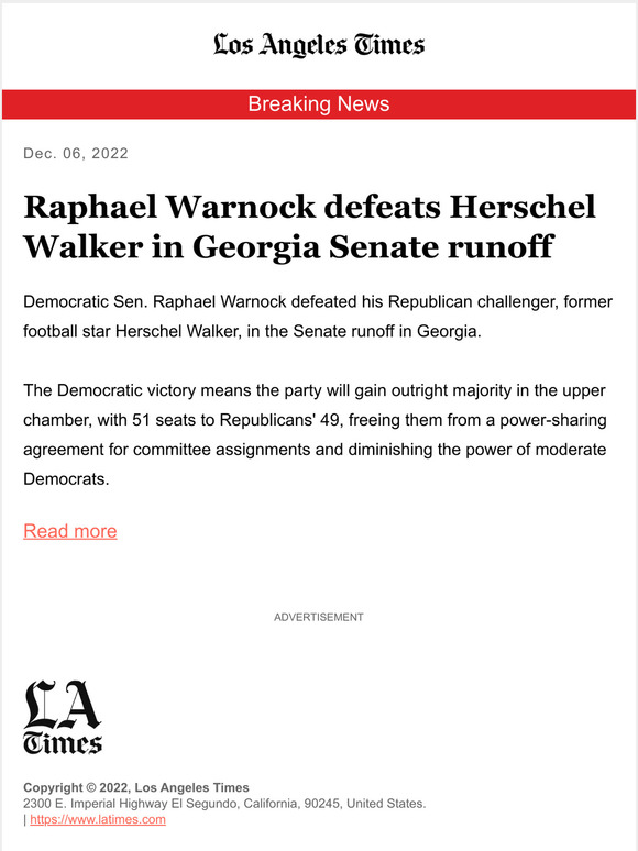 Los Angeles Times: Breaking News: Raphael Warnock defeats Herschel Walker in Georgia Senate ...