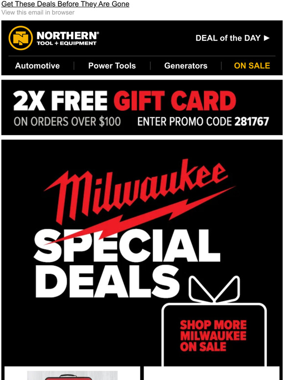 Northern Tool: Milwaukee Deals + Free Gift Card Up To $200 Value | Milled