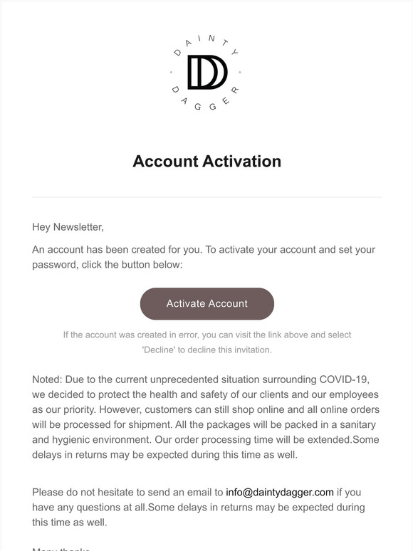 Dainty Dagger: Customer account activation | Milled