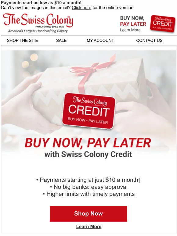 Swiss Colony: Buy Now, Pay Later with Swiss Colony Credit | Milled