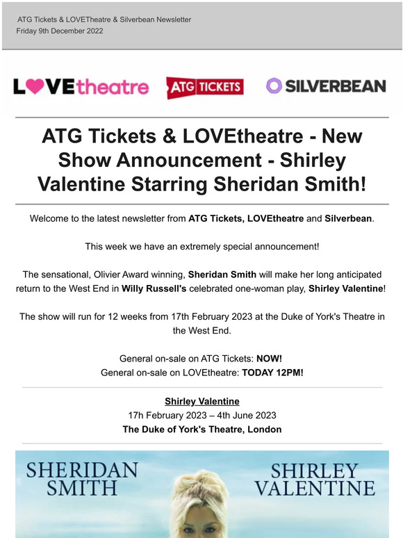 ATG Tickets: ATG Tickets & LOVEtheatre - New Show Announcement - Shirley Valentine Starring ...
