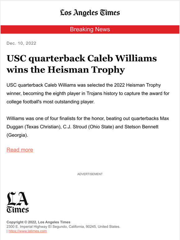 Los Angeles Times: Breaking News: USC quarterback Caleb Williams wins the Heisman Trophy | Milled