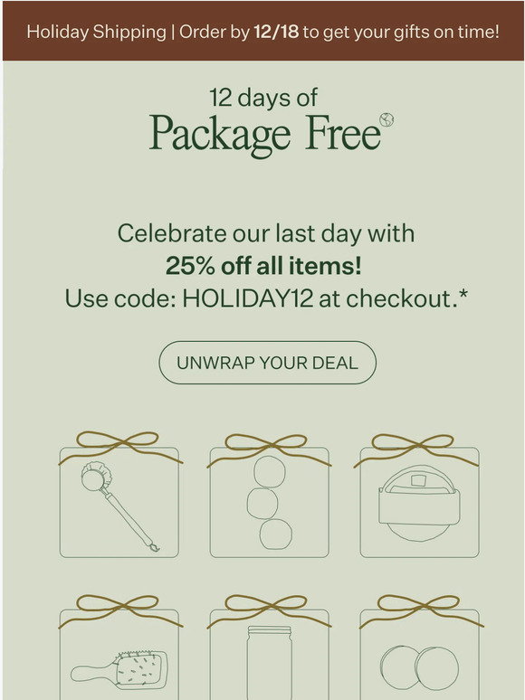 Package Free: 25% off All 12 Days of Package Free | Milled