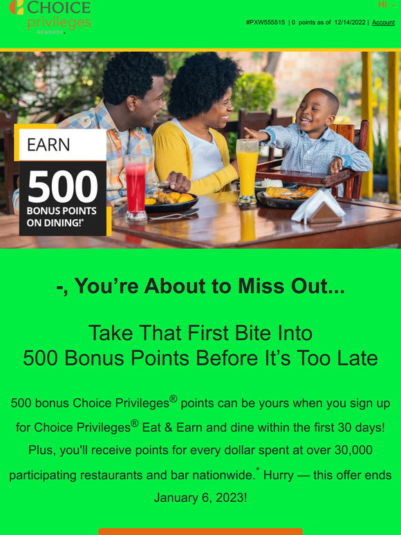 Choice Hotels: Reminder: 500 Bonus Points on Dining is Expiring Soon ...
