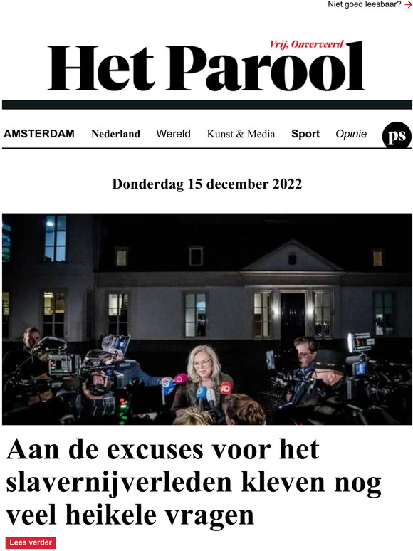 Het Parool: Het aanbieden van ­excuses voor het slavernijverleden roept nog veel heikele vragen ...