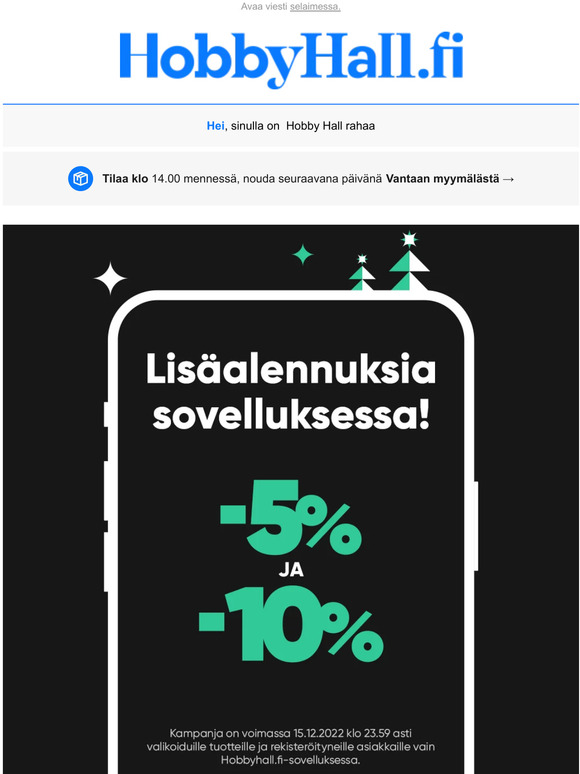 Hobby Hall: 10% ja 5% lisäalennus sovelluksessa! 📱 | Milled