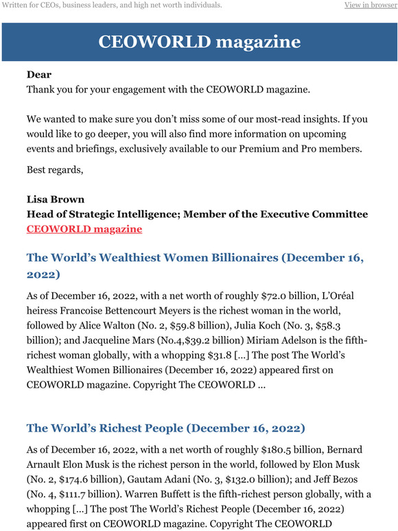 CEOWORLD Magazine: The World’s Wealthiest Women Billionaires (December ...