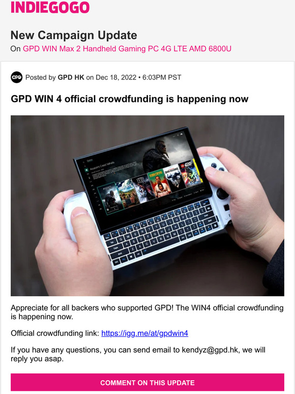 Indiegogo: 📢 Update #41 from GPD WIN Max 2 Handheld Gaming PC 4G LTE ...