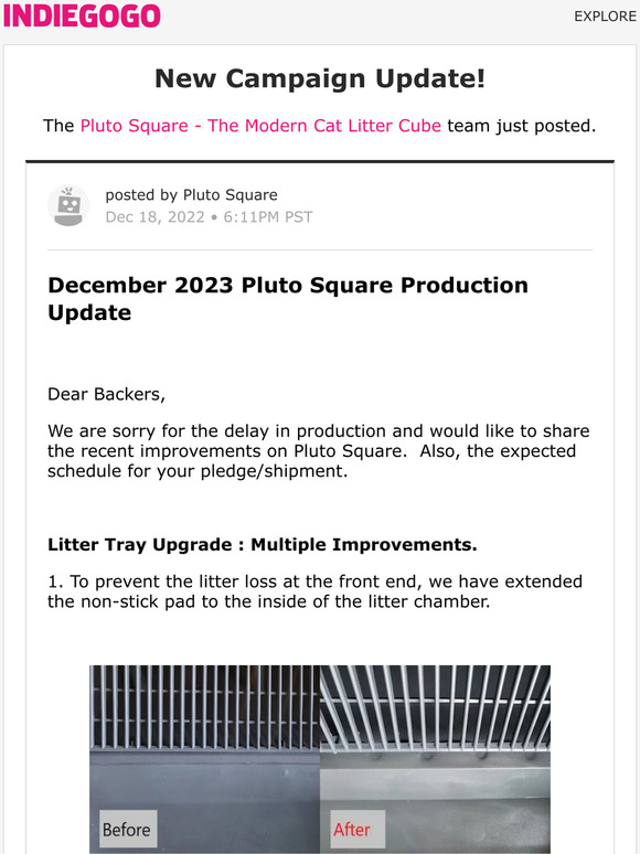 Indiegogo: 📢 Update #14 from Pluto Square - The Modern Cat Litter Cube | Milled