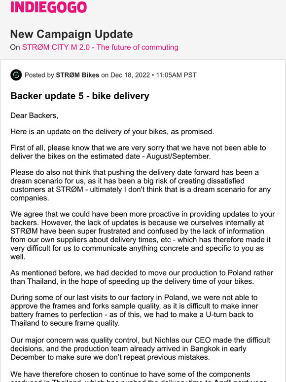 Indiegogo: 📢 Update #9 from STRØM CITY M 2.0 - The future of commuting ...