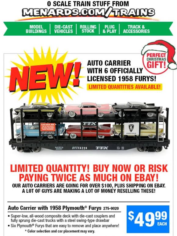 Menards: NEW! Auto Carrier with 6 Officially Licensed 1958 Furys! | Milled