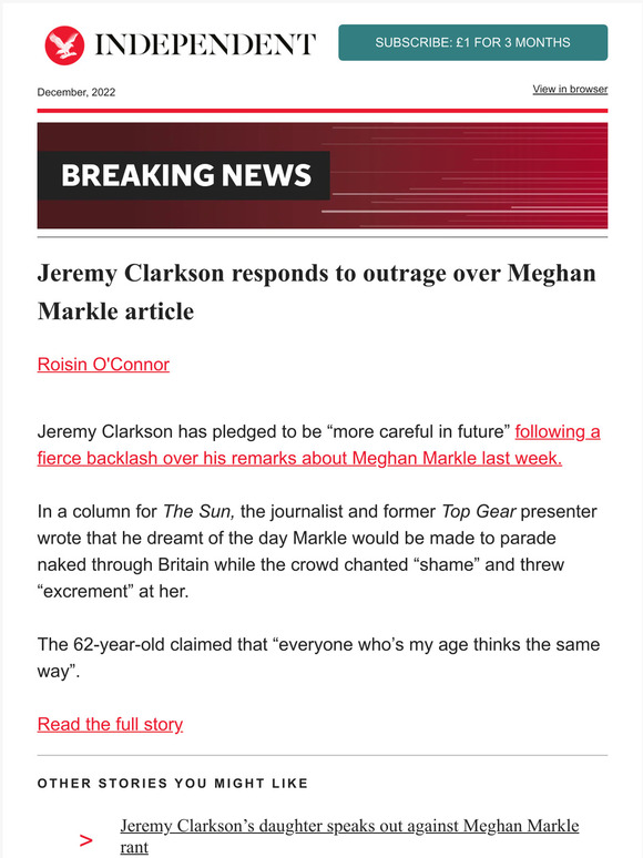 The Independent: Jeremy Clarkson responds to outrage over Meghan Markle ... The Independent: Jeremy Clarkson responds to outrage over Meghan Markle ...