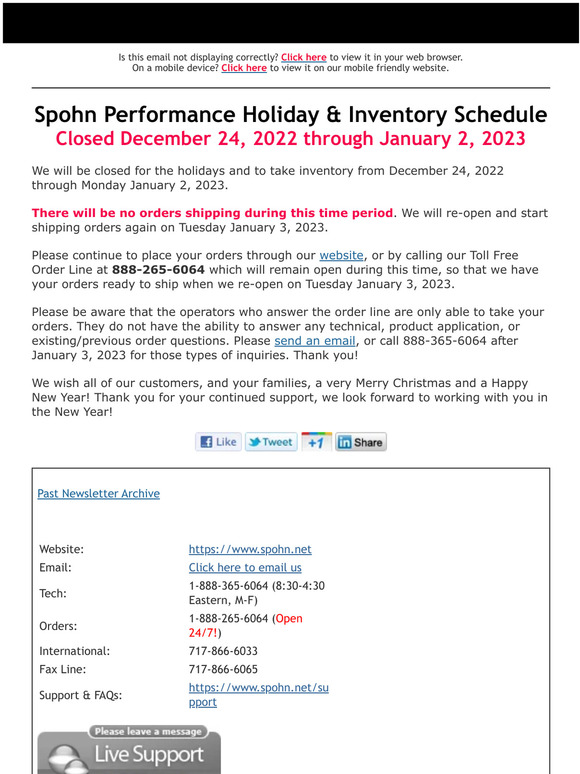 Spohn Performance: Spohn Performance Holiday & Inventory Schedule | Milled