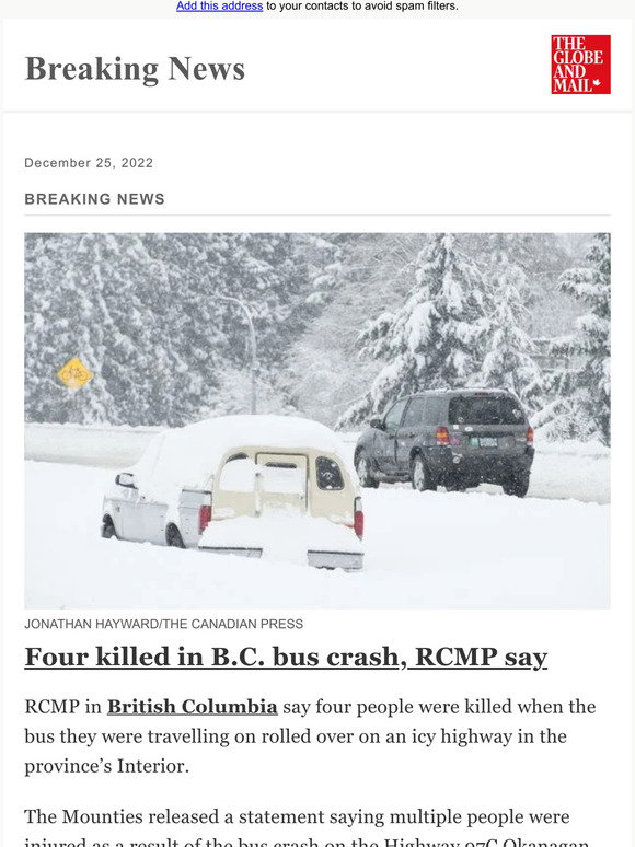 The Globe and Mail: Breaking News: Four killed in B.C. bus crash, RCMP ...