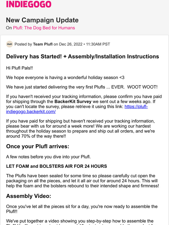 Indiegogo: 📢 Update #8 from Plufl: The Dog Bed for Humans | Milled