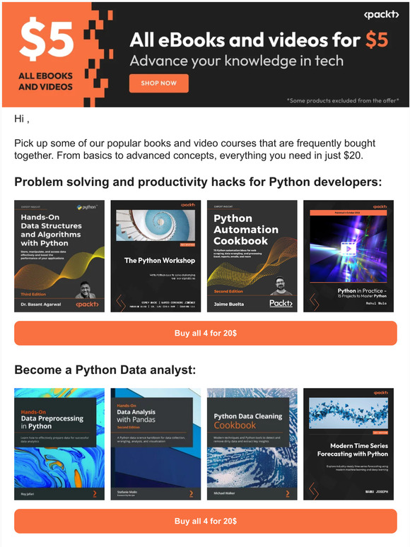 Packt US: Tech bundle recommendations | 4 titles for $20 | Milled