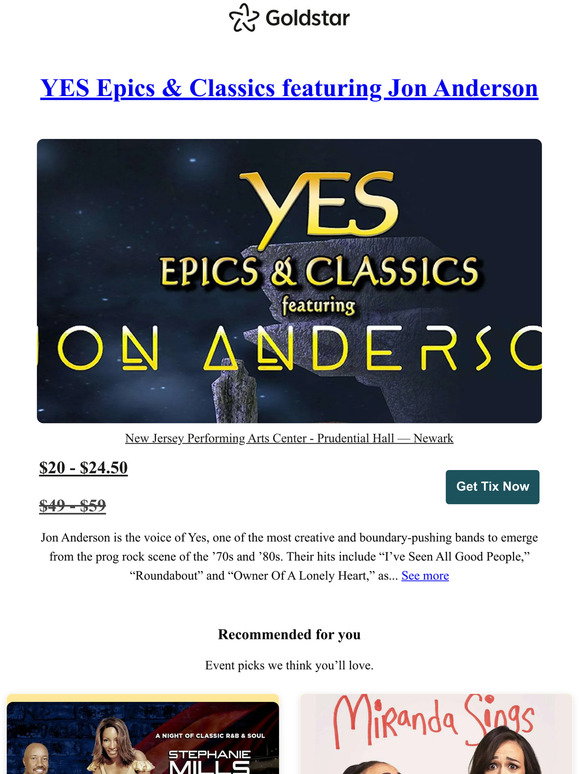 Goldstar: Tickets for YES Epics & Classics featuring Jon Anderson | Milled