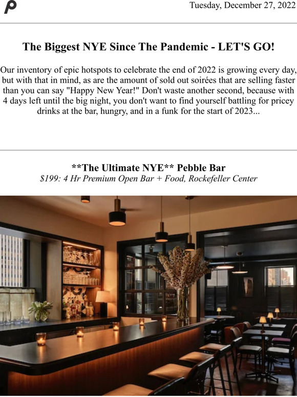 Pulsd: NYE Parties You Can't Miss: Pebble Bar, Bohemia, Parker & Quinn ...