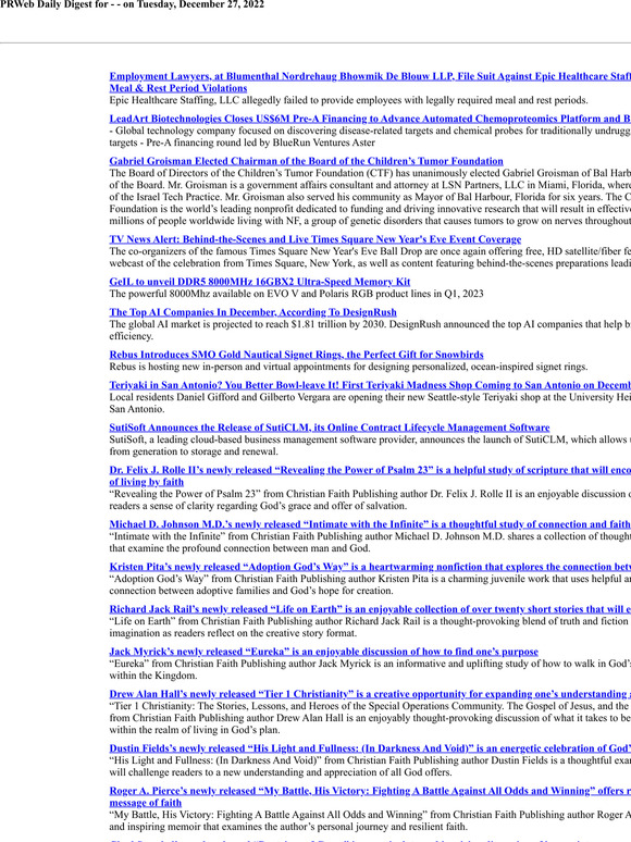 PRWeb: PRWeb Daily Digest for — — on Tuesday, December 27, 2022 | Milled