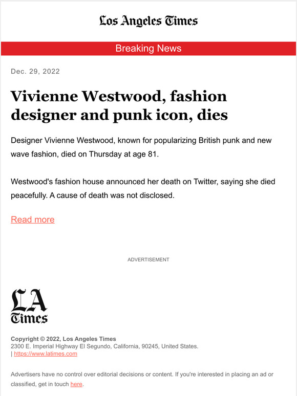 Los Angeles Times: Breaking News: Vivienne Westwood, fashion designer ...