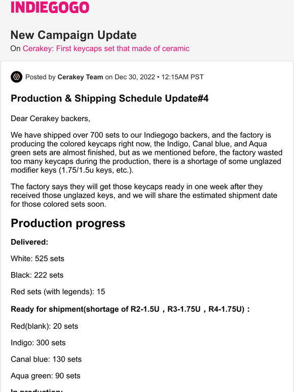 Indiegogo: 📢 Update #7 from Cerakey: First keycaps set that made of ...
