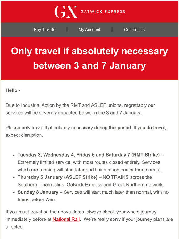 Gatwick Express: 3 to 7 January 2023 Rail Strike Action | Milled