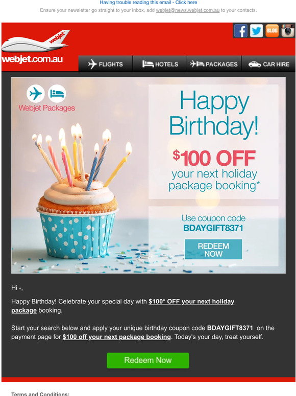 Webjet: ★ Happy Birthday —! Celebrate with $100 OFF your next holiday ...